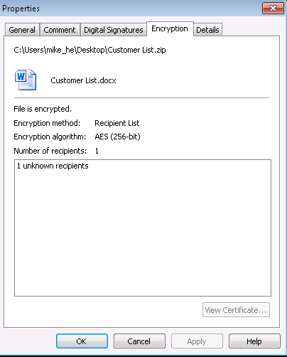 Unknown Recipient Displayed Under Encryption Tab